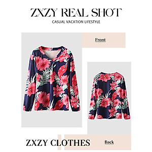 ZXZY Womens Hawaiian Shirt Vintage Leaf Floral Printed Tropical Tops V Neck Puff Long Sleeves Shirts Blue