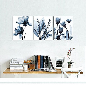 sechars - Modern Canvas Art Wall Decor,Blue Flower Picture Printed on Canvas Painting,Abstract Floral Artwork Bedroom Decoration,Stretched and Framed Ready to Hang