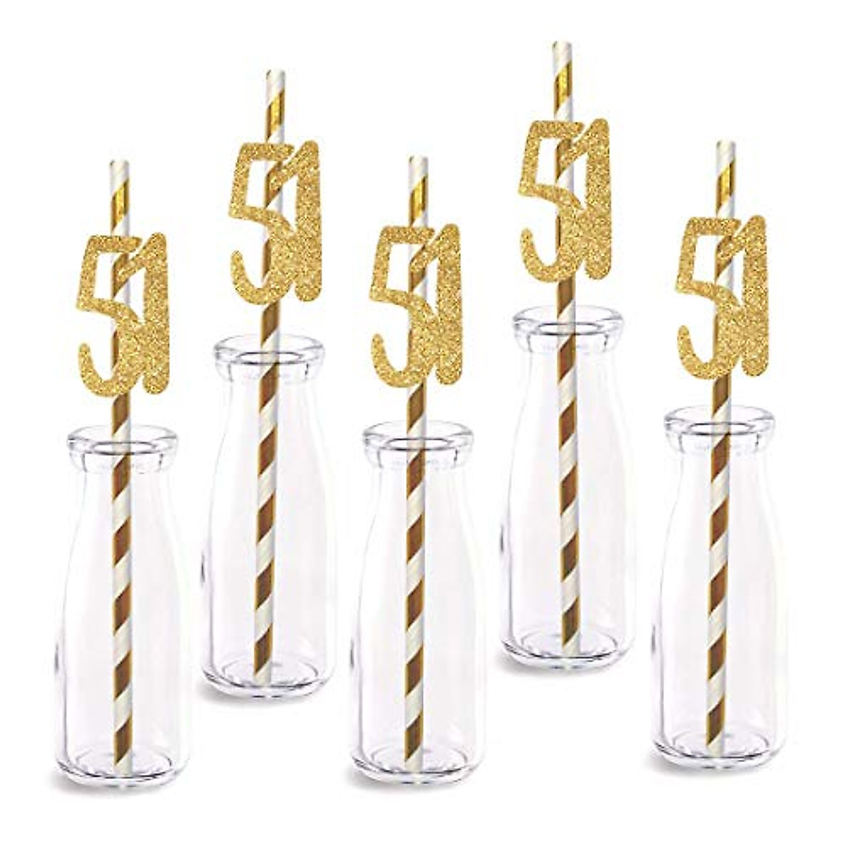 51st Birthday Paper Straw Decor, 24-Pack Real Gold Glitter Cut-Out Numbers Happy 51 Years Party Decorative Straws