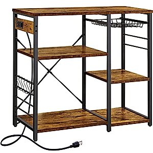 SUPERJARE Kitchen Bakers Rack with Power Outlet, Coffee Bar Table Station, Microwave Stand with 6 S-Shaped Hooks, Wire Basket, Storage Shelf - Rustic Brown