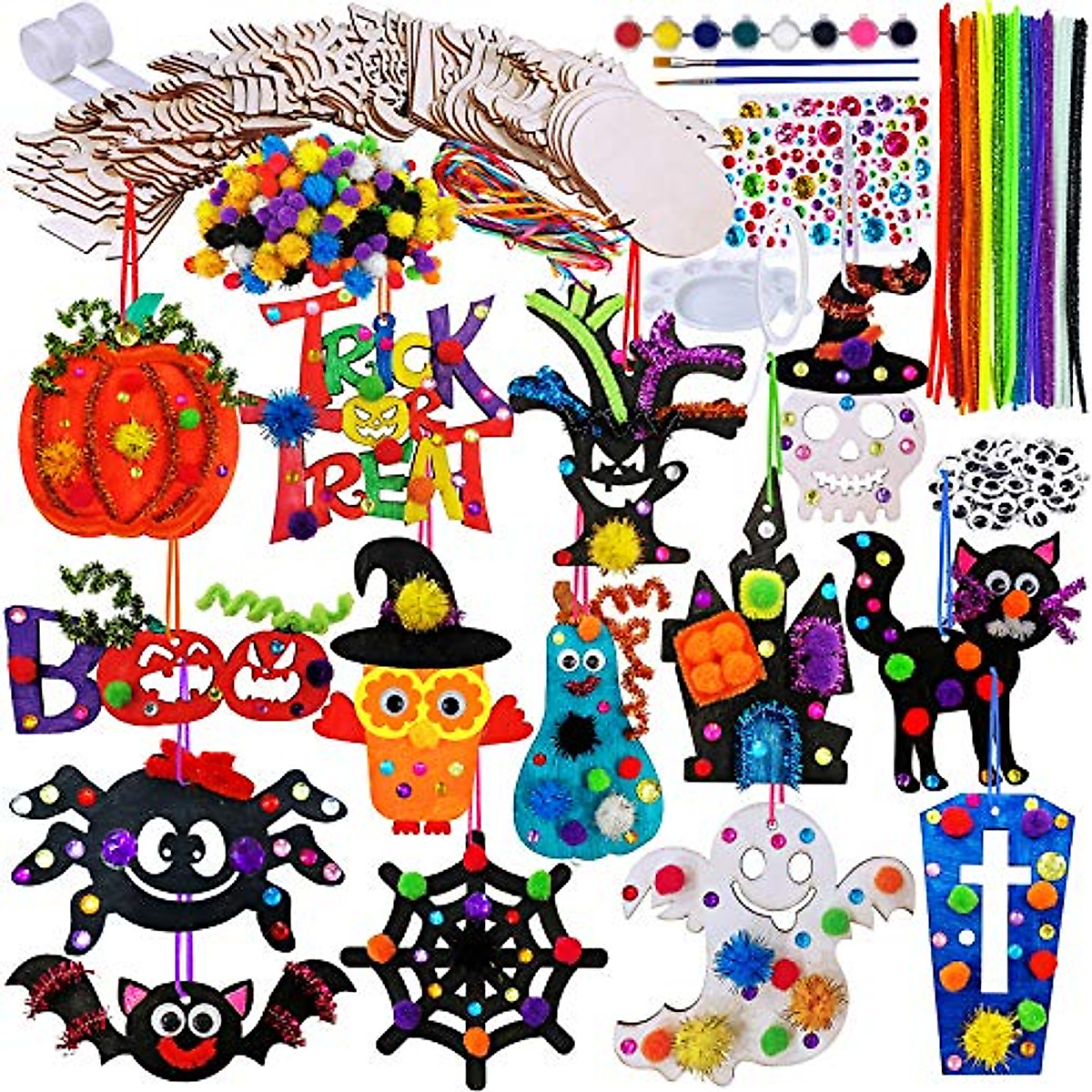 Winlyn 56 Sets Halloween Decorations DIY Hanging Wooden Halloween Ornaments Halloween Craft Kits Paintable Unfinished Wood Pumpkin Ghost Spider Googly Eyes for Kids Art Activity Trick or Treat Décor