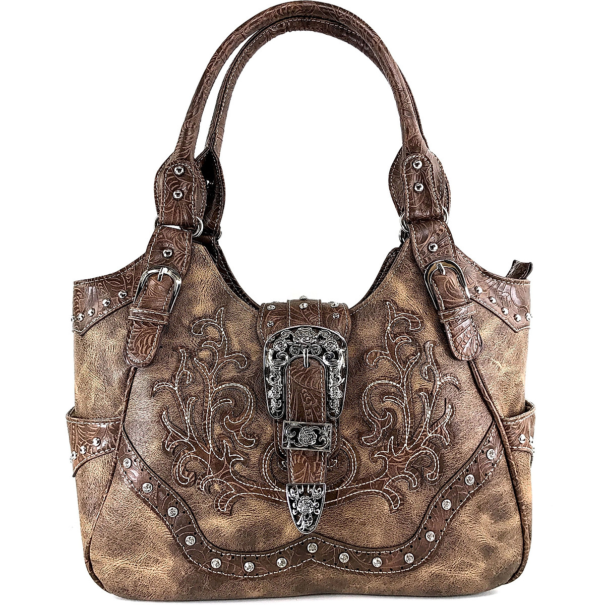 Justin West Western Brown Purse Floral Buckle Concealed Carry Handbag
