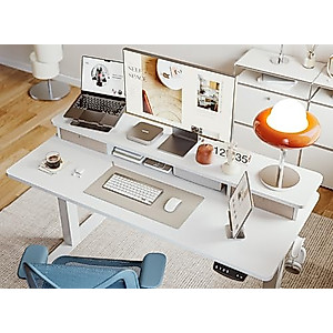 BANTI 40x24 Inch Electric Standing Desk with Double Drawers, Adjustable Height Stand Up Desk, Sit Stand Home Office Desk with Storage Shelf, White Top