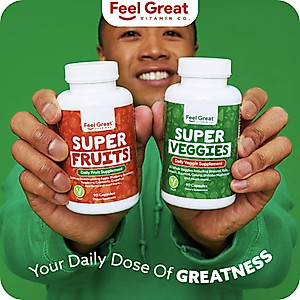 Feel Great Fruit and Vegetable Supplements | 20+ Super Reds & Greens for Natural Energy Support | Vegan Fruit and Veggie Vitamins | 2 Pack of 90 Count Each