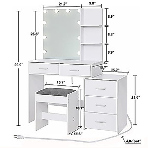 usikey Large Vanity Set with 10 LED Lights and Charging Station, Makeup Vanity Dressing Table with 5 Drawers, Storage Shelves and Cushioned Stool, Vanity Table with Cabinet Drawer Chest, White