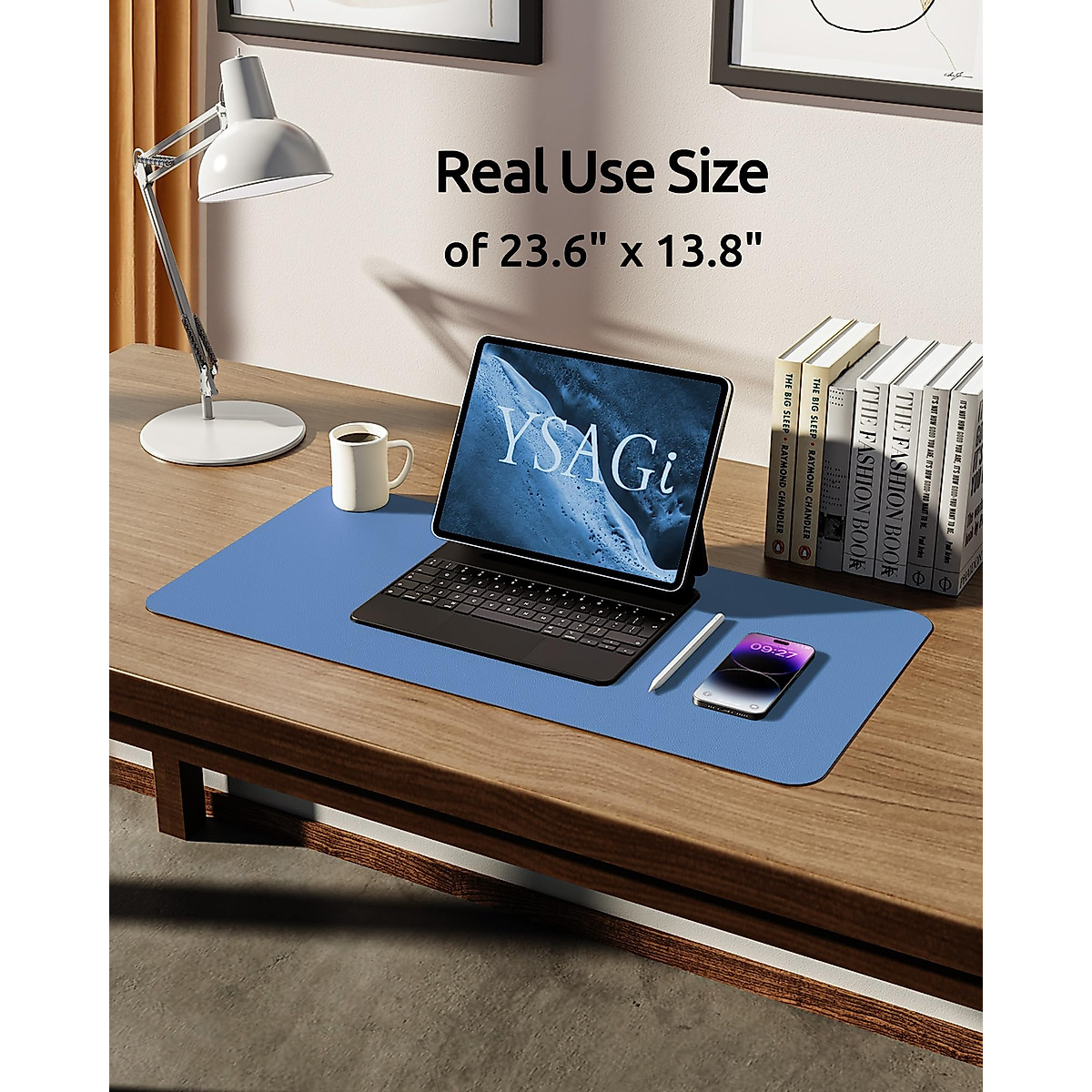 YSAGi Leather Desk Protector, Office Mat, Large Mouse Mat, Non-Slip PU Leather Blotter, Laptop Desk Pad, Waterproof Writing Pad for Office and Home (Sea Blue, 23.6" x 13.8")