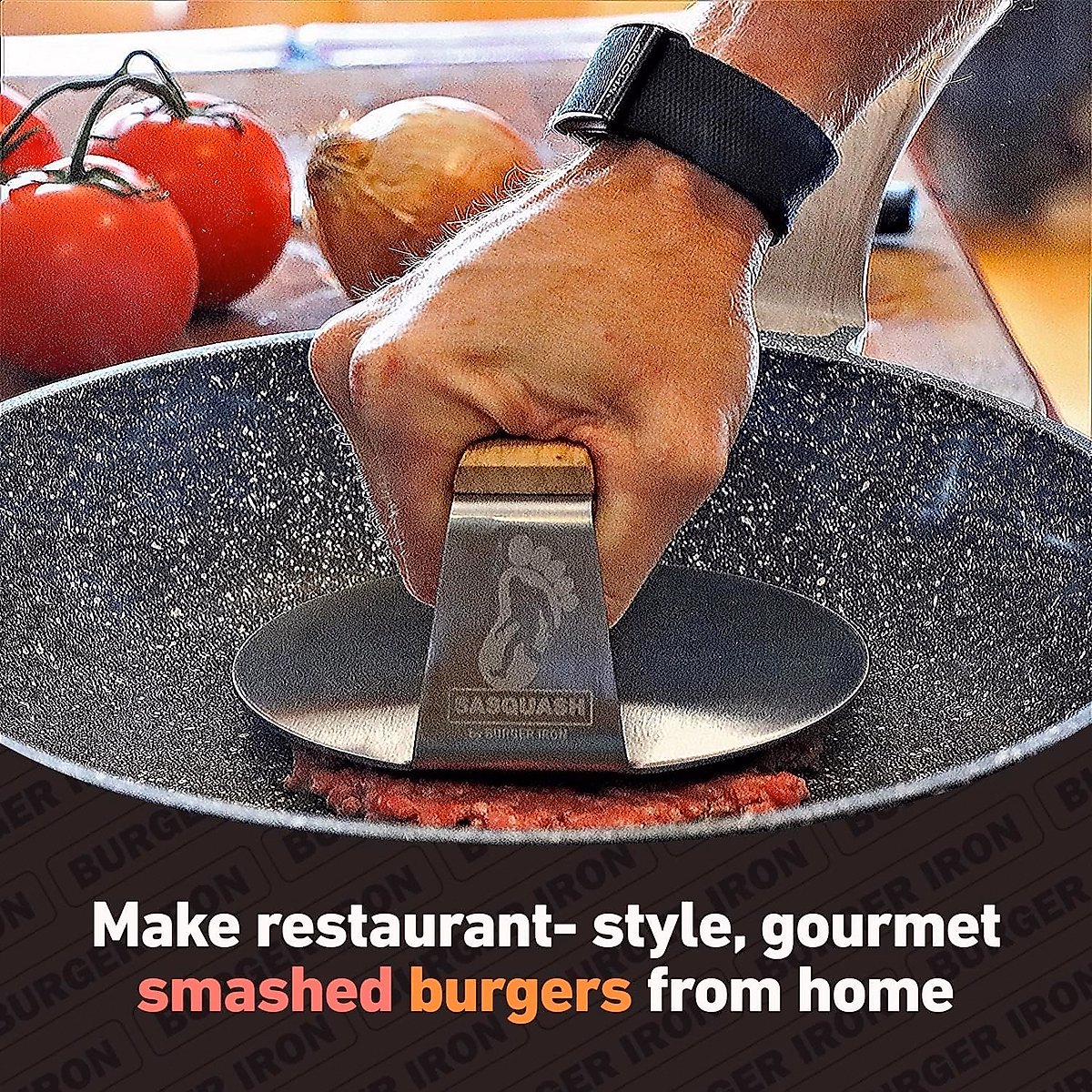 The Sasquash - 6" Heavy Duty Extra Wide Flat Handle Smashed Burger Press - Commercial Grade One-Piece Welded Stainless Steel Burger Smasher