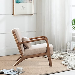 INZOY Mid Century Modern Accent Chair with Wood Frame, Upholstered Living Room Chairs with Waist Cushion, Reading Armchair for Bedroom Sunroom (Beige)