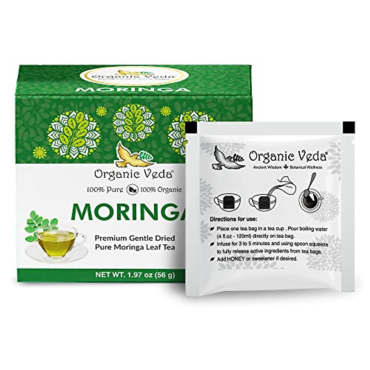 Organic Veda Moringa Tea Bags - 100% Organic Dried Green Moringa Tea Leaves - Caffeine Free Moringa Herbal with Vitamins, Antioxidants - Support Digestion, Immune System - Vegan, No Gluten - 28 count