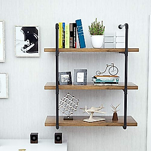 mecor Industrial Pipe Shelves with Wood 3 - Tiers, Rustic Wall Mount Shelf 35.1in,Metal Hung Bracket Bookshelf,DIY Storage Shelving Floating Shelves