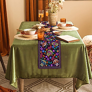 Dia De Los Muertos Table Runner Cinco de Mayo Rustic Linen Mexican Sugar Skull Day of The Dead Altar Decoration for Home Kitchen Dining Room (13" x 72")