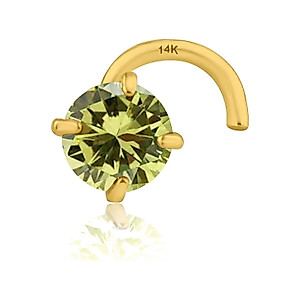 14K Solid Yellow Gold Natural Genuine Peridot Olive Nose Stud 20 GA, Twisted Crooked Screw Nose Stud, Screw Nose Stud, Body Jewelry Real Gold (2.50mm)