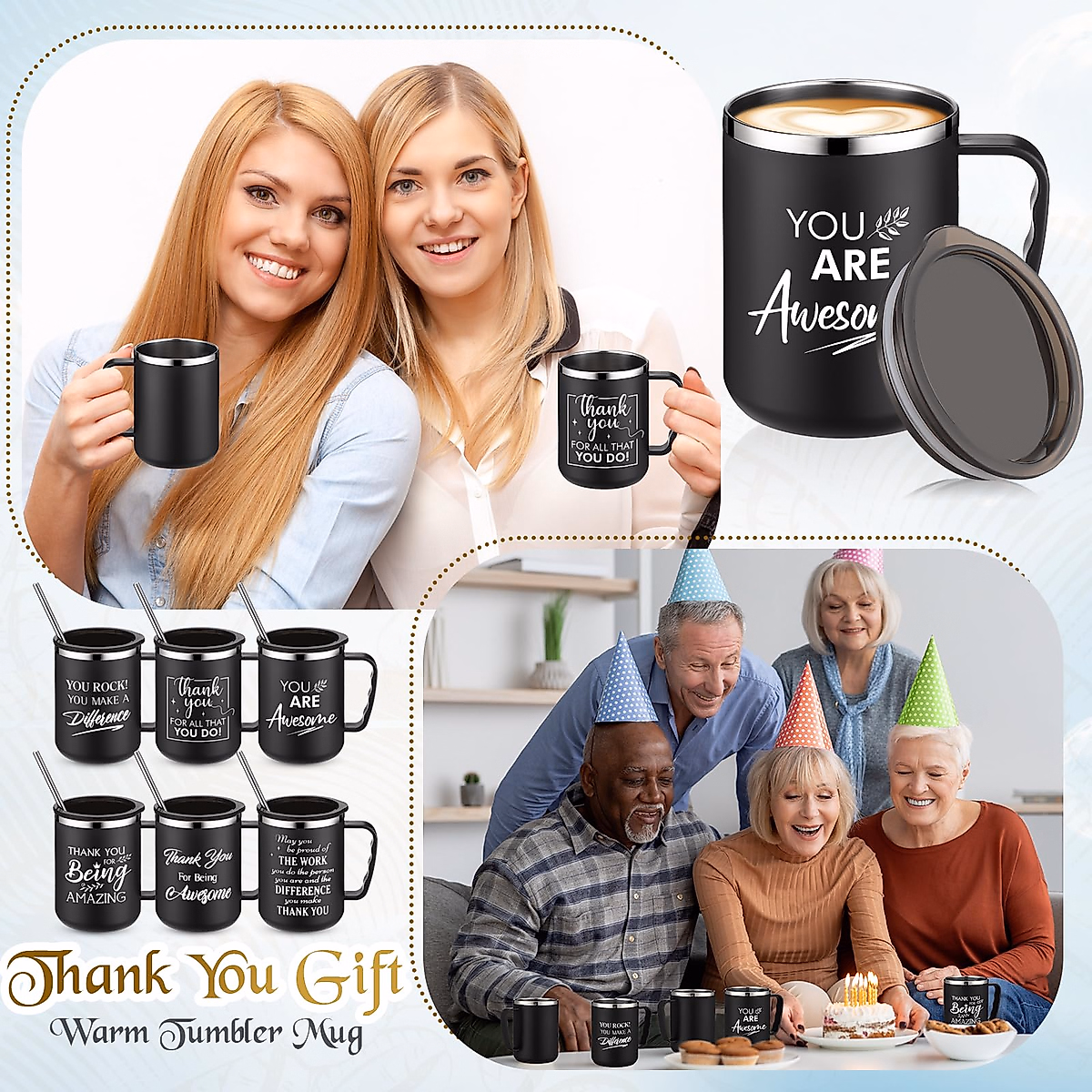 Sumind Thank You Employee Appreciation Gifts 17 oz Inspirational Stainless Steel Coffee Mugs with Handle Lid Straw for Thanksgiving Christmas Staff Coworker Teacher Gifts(Black,6 Pcs)