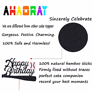 AHAORAY Baseball Happy Birthday Cake Topper - Black Glitter Baseball Party Decorations Supplies, Perfect for Birthday/Baseball Theme Party, Photo Booth Props