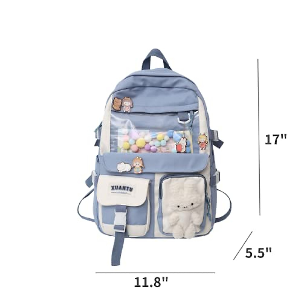 MeganJDesigns 2Pcs Kawaii Backpack for Teen Girls Aesthetic Student, Gift for Back to School, Travel Daypack Shoulder Bag Girls (Blue)