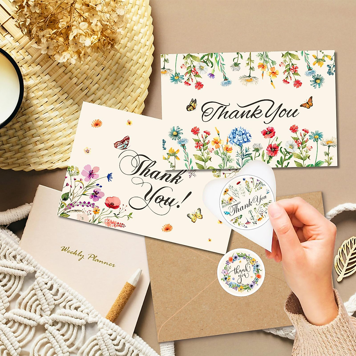 Savgkoyt 75 Pack Wildflower Thank You Cards with Envelopes and Stickers Thank You Notes with Envelopes Set Bulk Vintage Flower Greeting Cards with Kraft Envelope Sticker for Wedding Bridal Showers Baby Showers