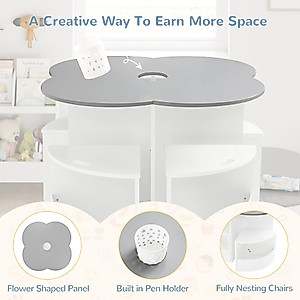 Curipeer Toddler Table and Chair Set with 4 Storage Stools, Flower Shaped Nesting Design Table with Built-in Pen Holder, Kids Table for Activity/Play/Art/Read/Craft, Grey and White