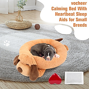 vocheer Heartbeat Puppy for Dogs Bed Anxiety Relief Plush Stuffed Animal Dog First Aid Kit with 1 Heating Pack,Small Size, 17 * 13.8", Light Brown