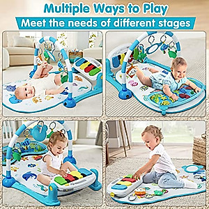 UNIH Baby Gym Play Mat, Kick and Play Piano Gym with Water Mat, Tummy Time Mat, Musical Light Activity Center for Infants Toddlers, Birthday Gift Play Mat for Newborn