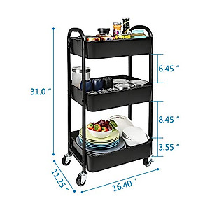 3-Tier Rolling Utility Cart with Caster Wheels,Easy Assembly, for Kitchen, Bathroom (Black)