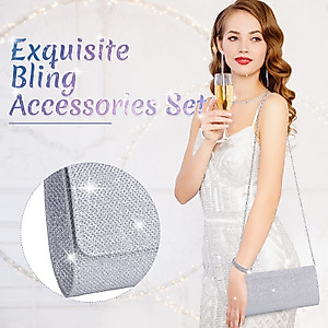 Meanplan 4 Pieces Silver Clutch Purses For Women Evening Rhinestone Purses Crystal Jewelry Set Bridal Wedding Choker Bracelet Dangle Bling Glitter Purse (Fresh Style)