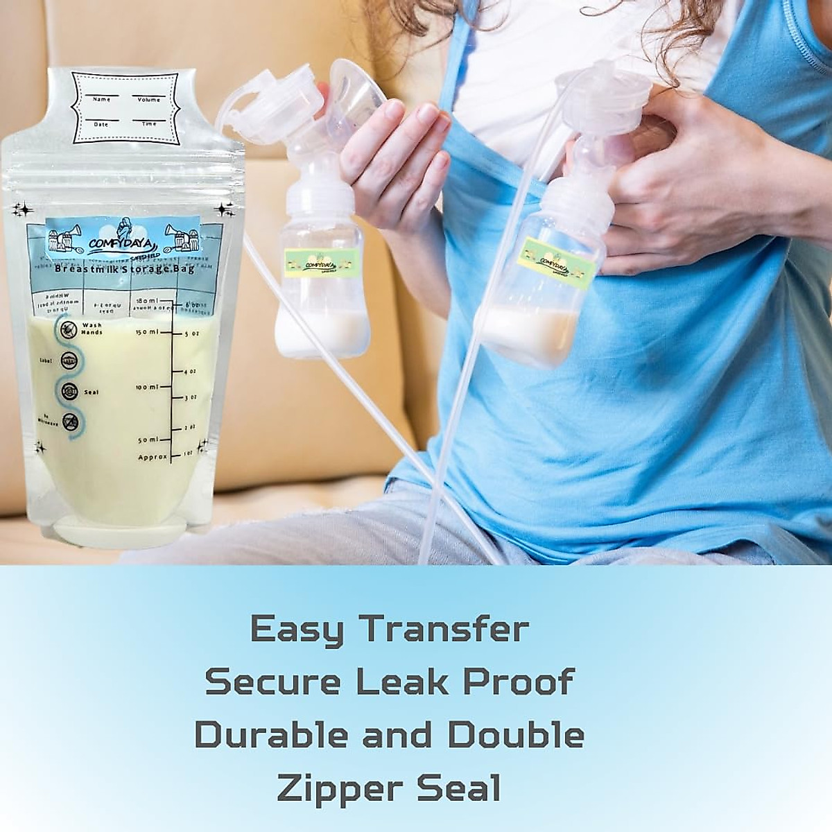 Comfydaya Safeshield Breastmilk Storage Bags (50 Count). Ready to Use. Presterilize, BPA Free, BPS Free, Leak Proof, Double Zipper, Self Standing, Super Strong and Food Grade Material Breast Milk Bag