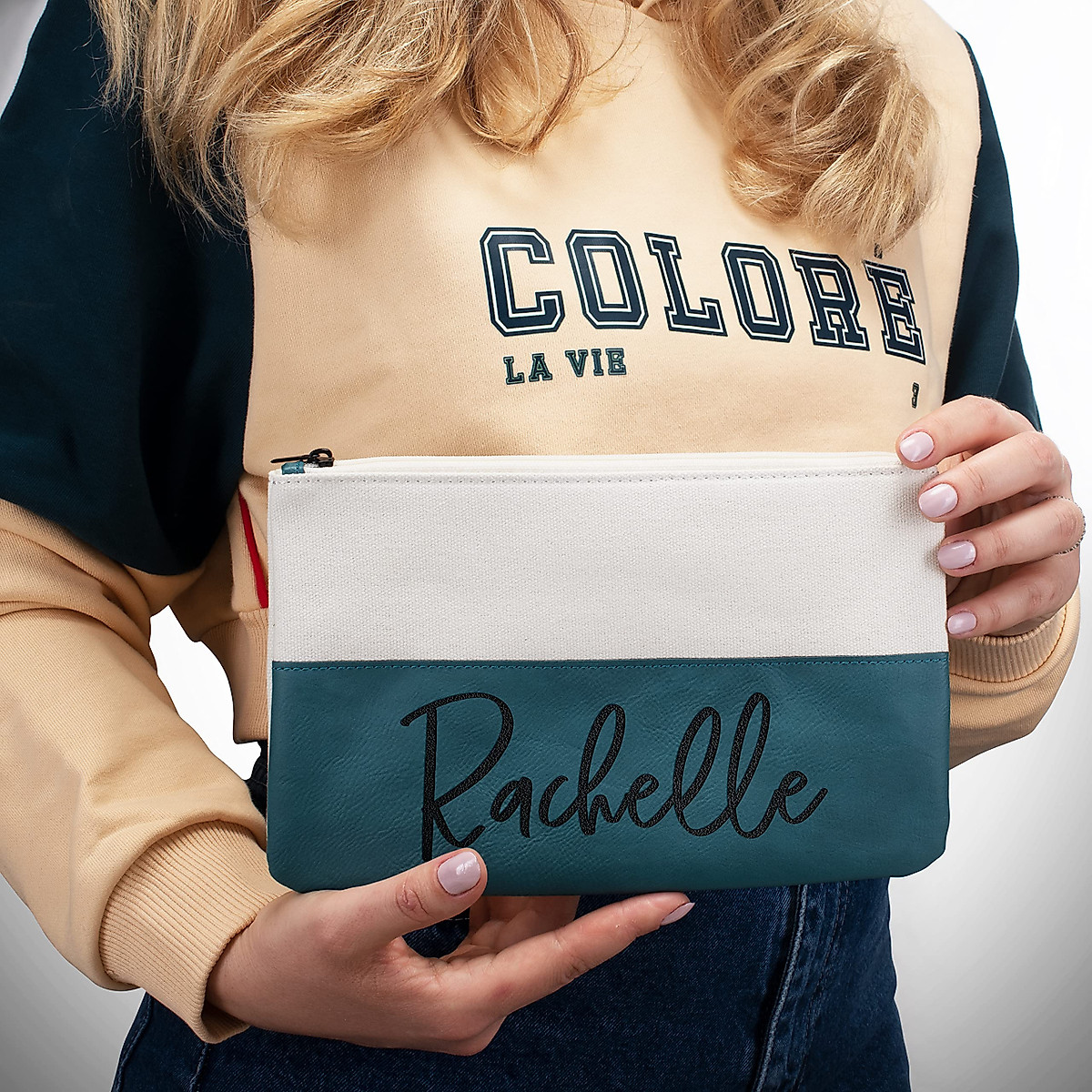 Personalized Makeup Bag w/Name - Vegan Leather & Canvas - 7 Fonts, Bridesmaid Proposal Gifts, Custom Cosmetics Bag, Lightweight & Portable Makeup Pouch for Travelling, Gifts for Women, Mom - Rose