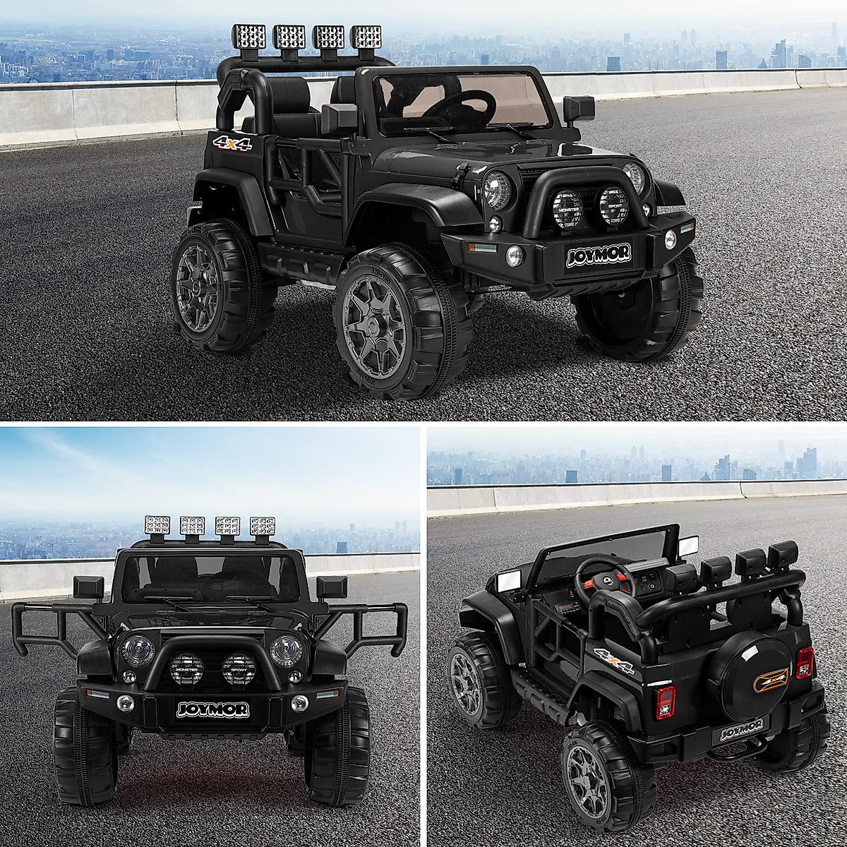 JOYMOR 2 Seat Ride on Truck, 12V Kids Electric Battery Powered Car with Remote Control, Motorized Toddler Vehicles Truck Toy, Adjustable Speeds, MP3 Player, LED, Horn (Two seat, Black)