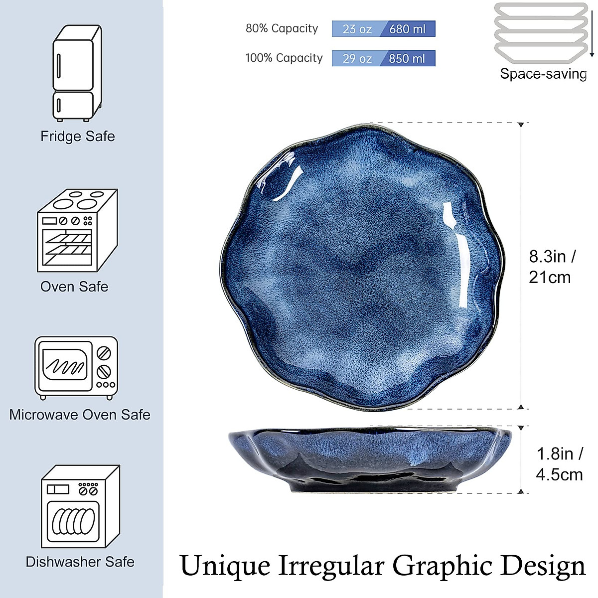 Ceramic Bowls Set for Pasta, Salad, Cereal, Dessert - 8 Inch Wide and Shallow Soup Plates, Serving Dishes Set of 4 Microwave, Dishwasher Safe, Blue