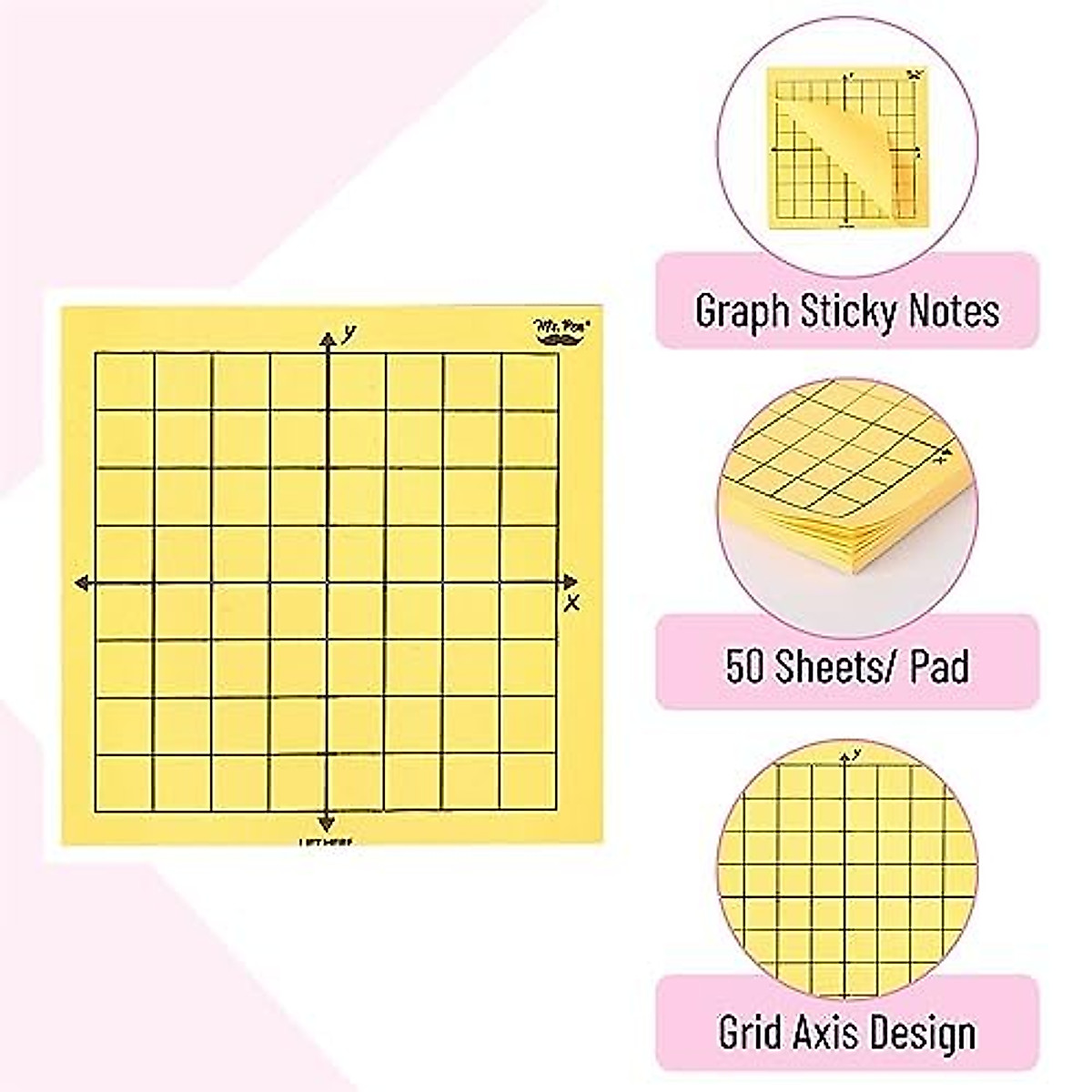 Mr. Pen- Graph Paper Sticky Notes, 6 Pads, 3x3 Inch, Bright Colors, Graph Sticky Notes, Math Graph Paper, Graphing Sticky Notes, Grid Sticky Notes, Grid Notepad, Mini Graph Paper