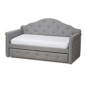 Baxton Studio Emilie Modern and Contemporary Grey Fabric Upholstered Daybed with Trundle Grey/Twin//Contemporary/Fabric Polyester 100%"/Rubber Wood/MDF/Foam