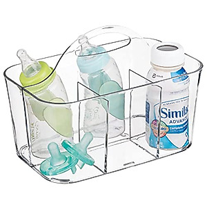 mDesign Small Plastic Nursery Storage Caddy Tote - Divided Bin with Handle for Baby/Kids - Hold Bottles, Spoons, Bibs, Pacifiers, Diapers, Wipes, Baby Lotion - Lumiere Collection - Clear