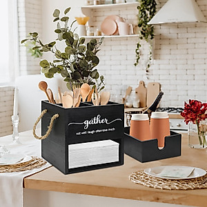 Updesign Silverware Caddy with Drawer, Flatware Organizer for Kitchen Countertop, Utensil Holder with Napkin Holder, Multifunctional Kitchen Cutlery Organizer for Forks, Knives, Spoons, Napkins, Cups