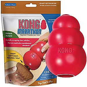 KONG - Classic Durable Dog Toy and Marathon Chew Treat Combo (2 Pieces) - Peanut Butter, Medium