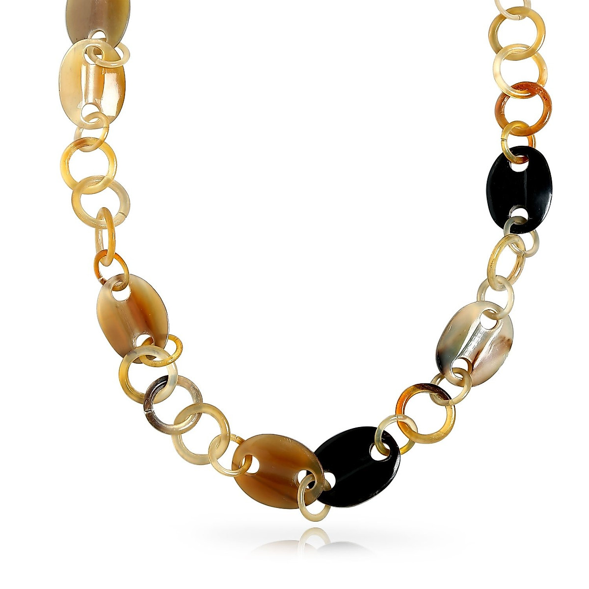 Bling Jewelry Earth Tone Brown Handmade Natural Buffalo Horn Long Round Disc Oval Multi Link Chain Necklace for Women 36 Inches