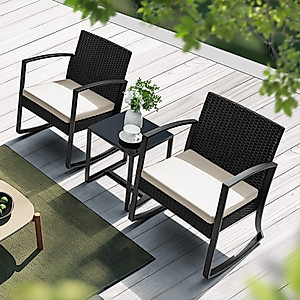Devoko 3 Pieces Patio Chair Set Outdoor Rocking Chairs Set Resin Patio Furniture Bistro Sets Porch Furniture with Coffee Table (White)