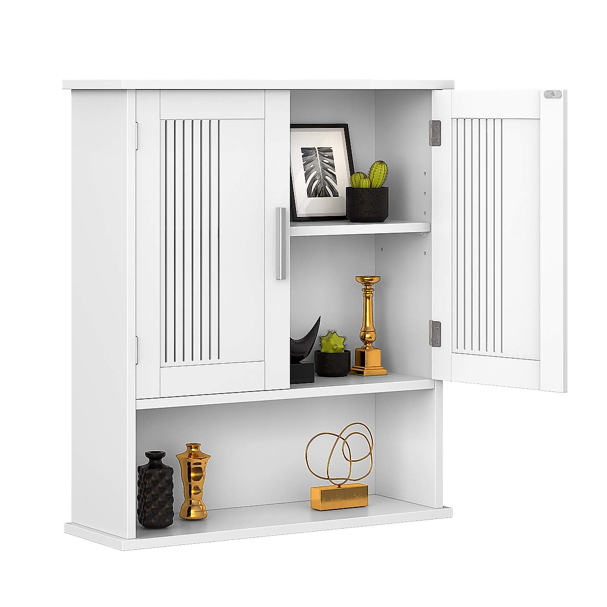 VASAGLE Wall Cabinet, Hanging Bathroom Storage Organizer, Medicine Cupboard with Adjustable Shelf, Double Doors and Open Shelf, 23.6 x 7.8 x 27.5 Inches, Wooden, White UBBC26WT