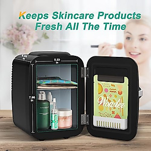 CROWNFUL Mini Fridge, 4 Liter/6 Can Portable Cooler and Warmer Personal Fridge for Skin Care, Cosmetics, Food,Great for Bedroom, Office, Car, Dorm, ETL Listed (Black)