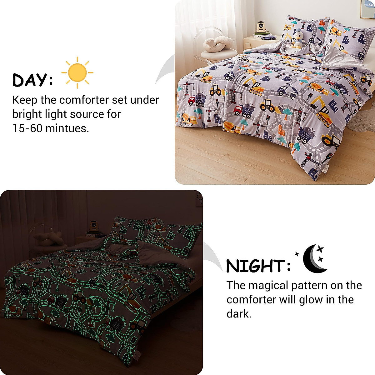 Mooreeke Glow in The Dark Twin Plush Fleece Comforter Bed Set, Soft & Warm 2 Piece Bed in A Bag with Sham, Velour Velvet Grey Excavator Highway Boys Kids Bedding Set, Fluffy Fuzzy Polar Cozy