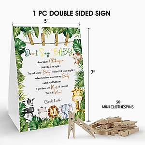 Don't Say Baby Clothespin Game Sign (1 Sign + 50 Mini Clothespins), Safari Animal Baby Shower Game, Gender Neutral Baby Shower, Baby Shower Decoration