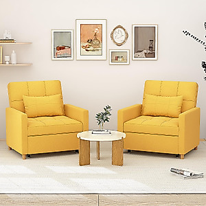 YODOLLA Sleeper Chair, 3 in 1 Chair Bed Sleeper for Adults, Fold Out Sofa Cama with Pillow and Convertible Backrest, Multi-Functional Couch Loveseat Reading Chair for Small Space, Yellow