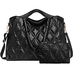 LEDAOU Tote Bag Women Quilted Teacher Purse and Handbags Shoulder Crossbody Puffer Hobo Bags 2pcs for Work Office School (Black)