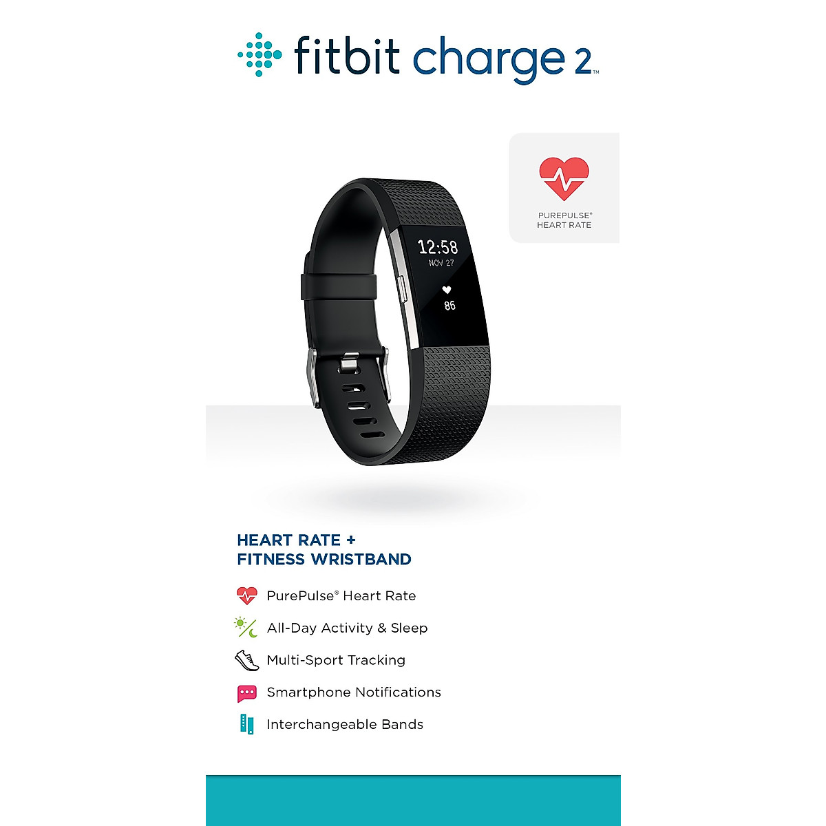 Fitbit Charge 2 Heart Rate + Fitness Wristband, Black, Large (US Version), 1 Count