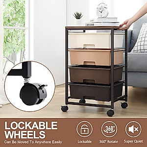 TOOLF Utility Cart with Drawers and Wooden Tabletop,4 Drawers Rolling Storage Cart,Arts and Crafts Organizer Storage Cart for Bedroom,Kid's Room,Dorm,Classroom,Office,Brown