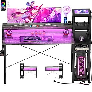 armocity 2024 Upgrade Gaming Desk with LED Lights, Small Computer Desk with Long Monitor Stand, 47.2'' Reversible Laptop Table with Storage Shelves, Small Desk for Small Spaces, Gaming Room, Grey
