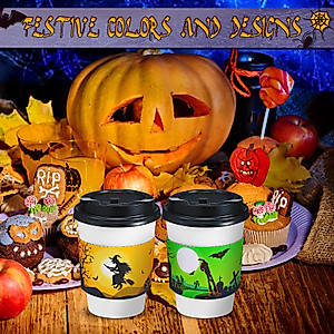 150 Pcs 12 oz Halloween Disposable Coffee Cups with Lids and Coffee Cup Sleeves Paper Hot Coffee Cups Dome Lids and Coffee Cup Tea Cup Sleeves for Halloween Party Decoration Supplies (Horror Pattern)