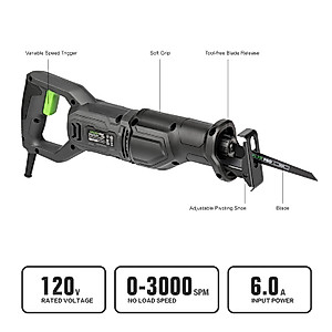 GALAX PRO 120V Reciprocating Saw, 6.0 Amp Variable Speed Corded Reciprocating Saw with 4/5" Stroke Length, 0-3000SPM and 6" Max for Wood, Metal, PVC Pipe Cutting