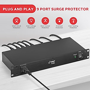 Pyle PDU Power Strip Surge Protector - 150 Joule 15 Amp 9 Outlet, Heavy Duty Electric Extension Cord Strip - 1U Rack Mount Protection Power Outlet Strip W/ AC Filter - PCO850