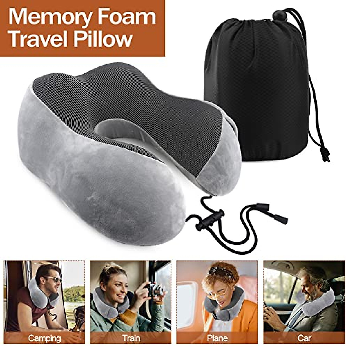 Faddare Travel Pillow, Memory Foam Neck Support Pillow Set, Comfortable Neck and Head Support Pillow, Travel Neck Rest Cushion for Plane Car Train Office(Grey)