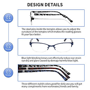 CRGATV 3-Pack Reading Glasses for Women Blue Light Blocking Metal Half Frame Computer Readers Anti UV/Eye Strain/Glare (+3.0 Magnification Strength)